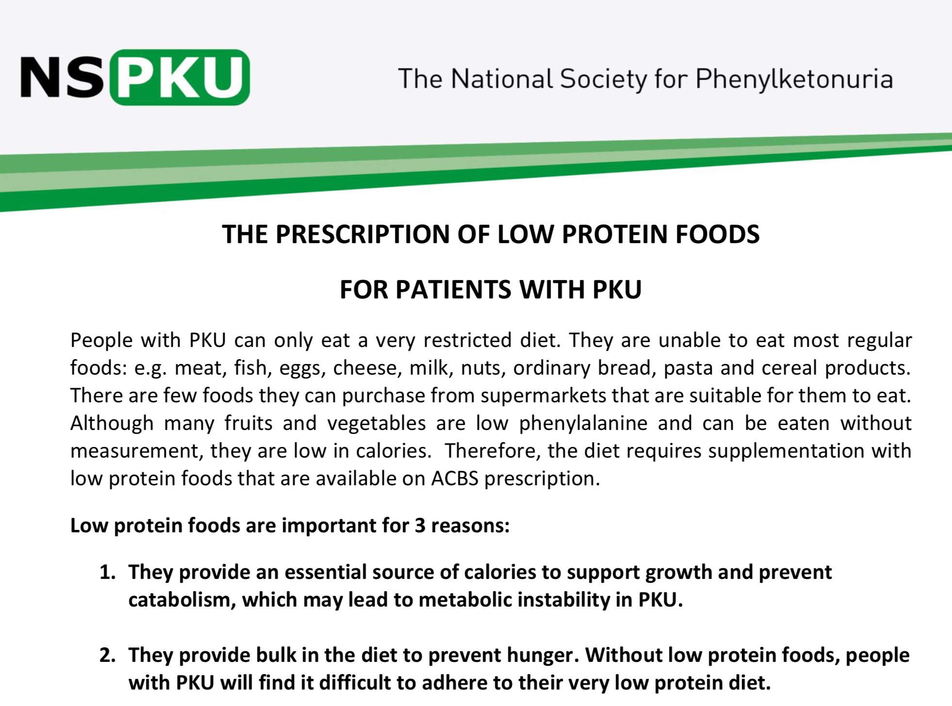 Unit Guidelines for the Prescription of Low Protein Foods - The ...